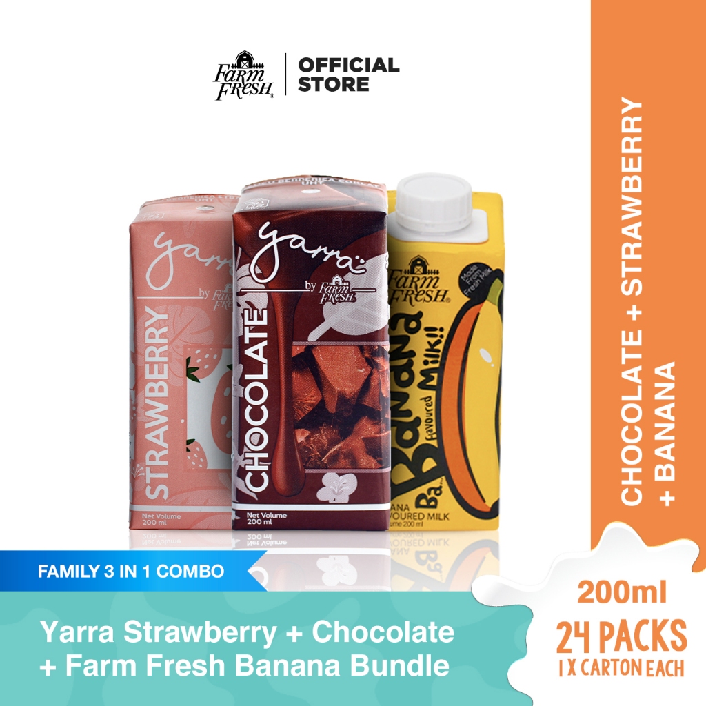 Farm Fresh UHT Banana Milk + Yarra by Farm Fresh UHT Milk (Chocolate + Strawberry) 200ml x 24 ...