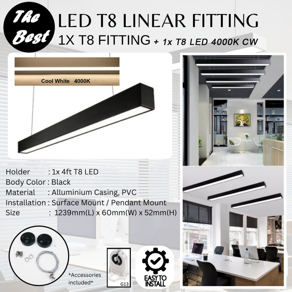 T8 LED BLACK LINEAR CASING SINGLE DOUBLE FITTING HANGING/SURFACE MOUNT SET CASING LAMPU ...