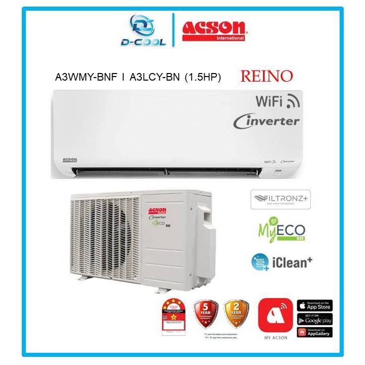 Acson REINO Inverter Air Conditioner 1.5HP R32 A3WMY15BNF | Shopee Malaysia