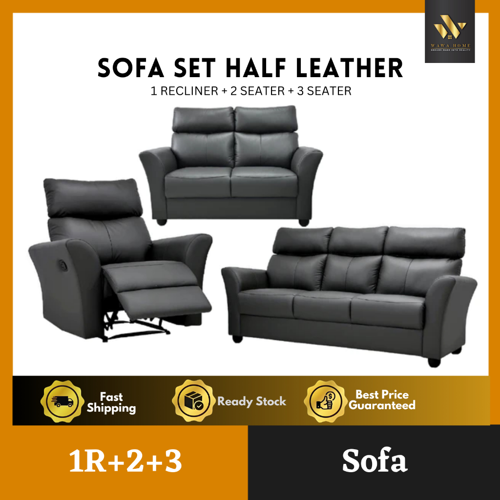 Chaise Half Leather Sofa Set 1 Recliner + 2 + 3 Seater | Shopee Malaysia