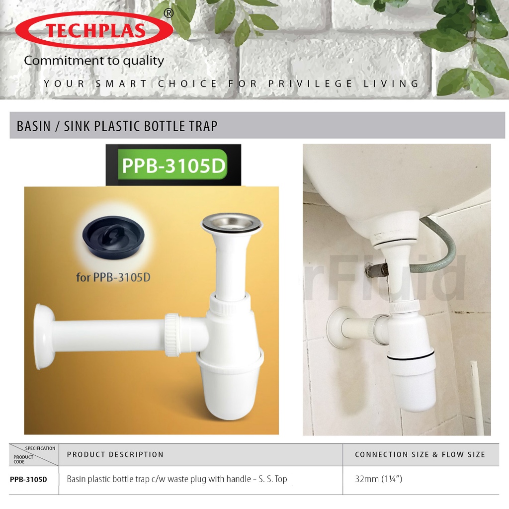 TECHPLAS 32mm (1-1/4") Basin Plastic Bottle Trap c/w Waste Plug with ...