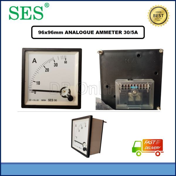 SES Analog Ammeter Panel 96mm X 96mm 30A ,60A,100A,150A,200A,250A,300A ...