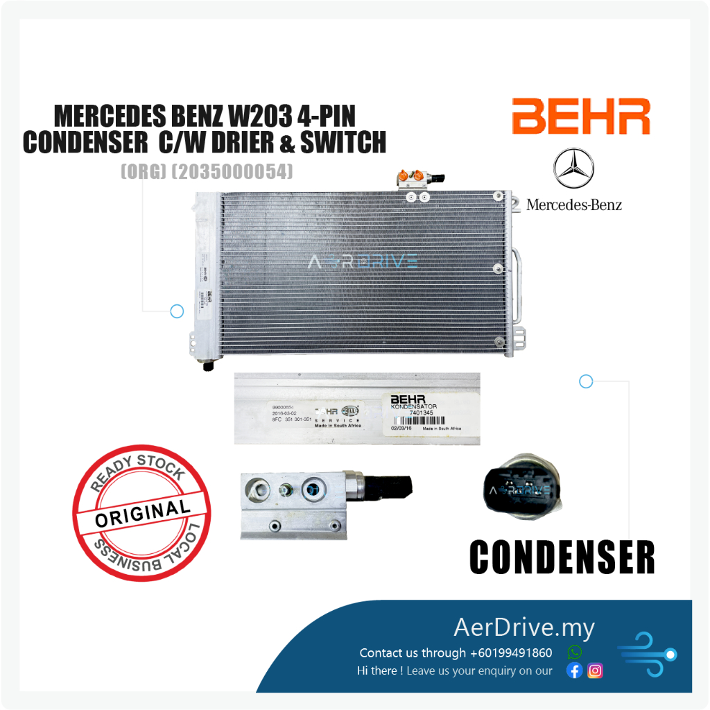 ORIGINAL BEHR MERCEDES BENZ W203 4-PIN N/M Condenser C/W DRIER & SWITCH ...