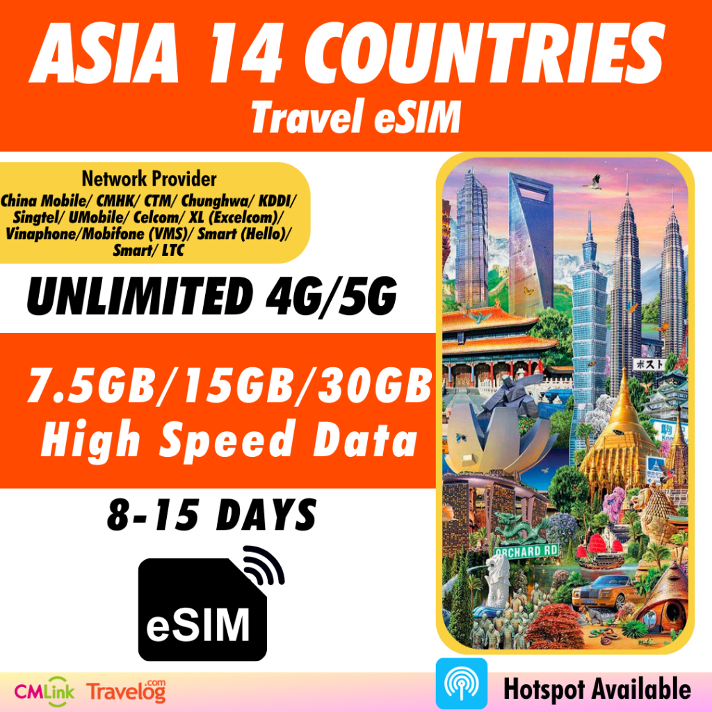 [Asia 14 Destinations eSIM] [8-15 Days] High Speed Unlimited Data 4G ...