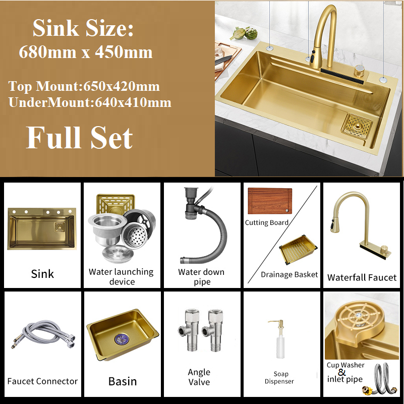 [BUY 1 FREE 10 GIFTS] Waterfall Sink 7845 Premium Nano Sink Gold Color ...