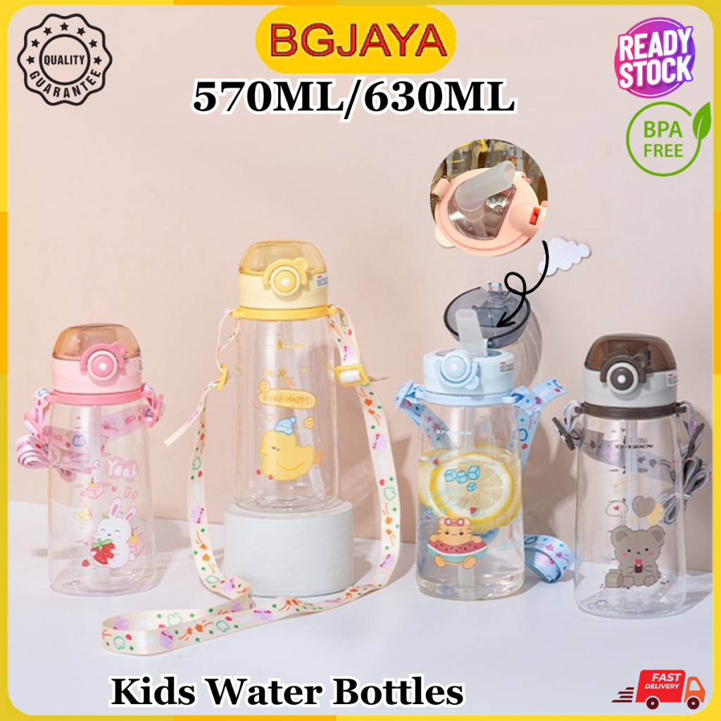 570ML/630ML Kids Water Bottle Cute Cartoon Drinking Bottle with Straw and Strap BPA Free Botol ...