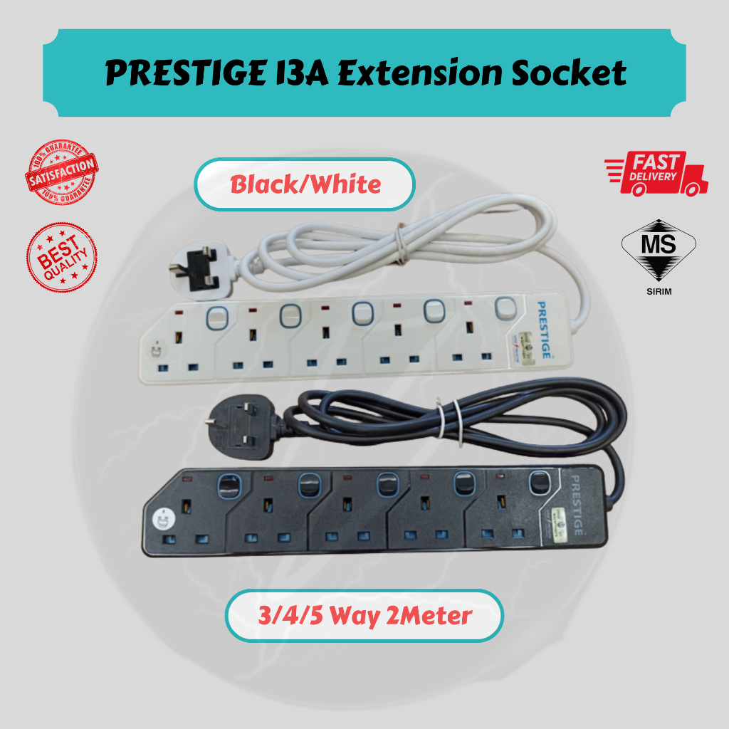 Prestige 13a Extension Trailing Socket 3 4 5way 2meter [black White] Portable Outlet Socket