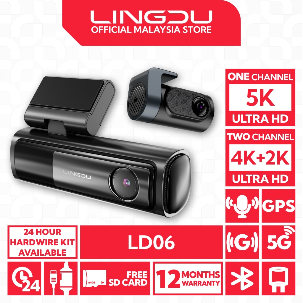 LINGDU LD06 5K UltraWide 2160P Dashcam DVR Car Recorder Front + Rear Cam/GPS/24 Hour Recording ...