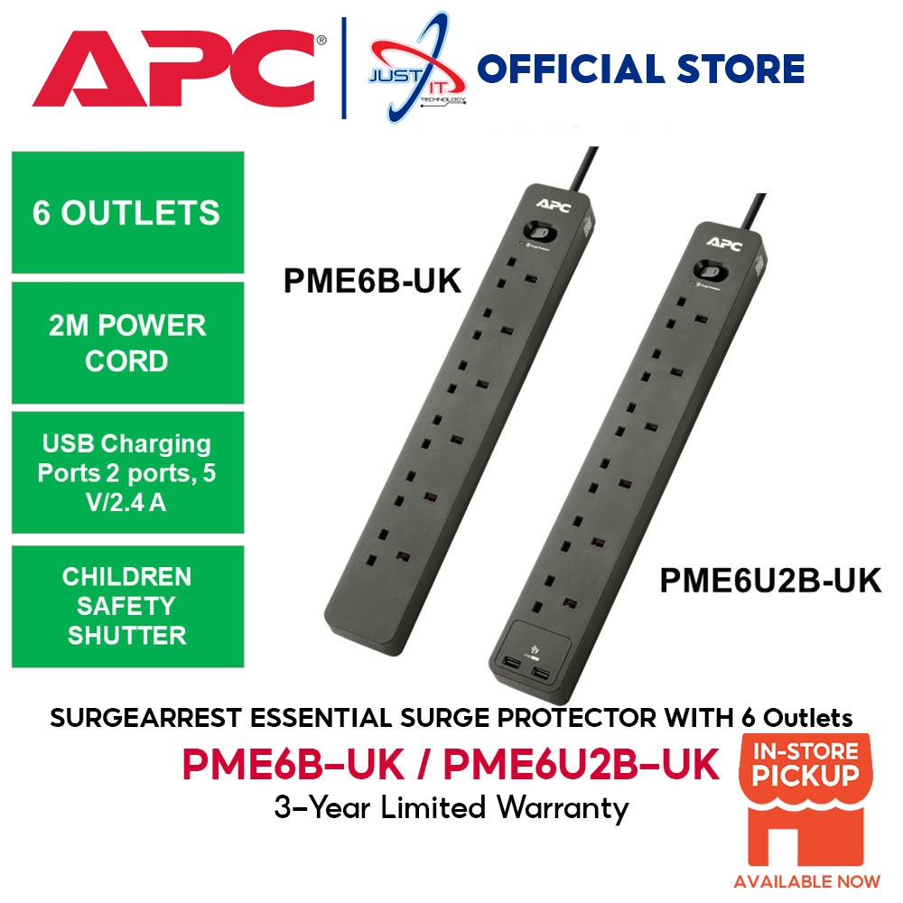 APC PME6B-UK / PME6U2B-UK SURGEARREST ESSENTIAL SURGE PROTECTOR WITH 6 ...