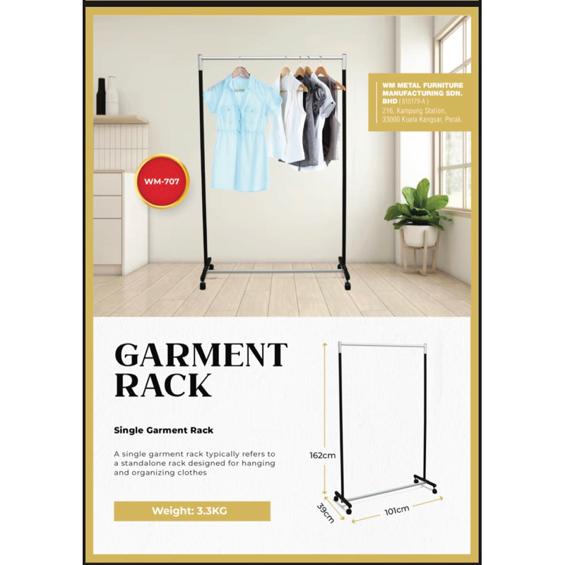(Ready Stock)WM-707 Single Garment Rack with roller /Rak pakaian dengan ...