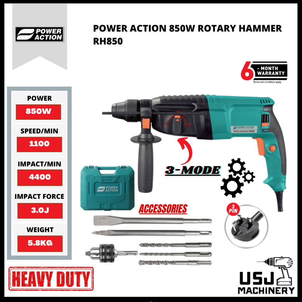 POWER ACTION 26mm 800Watt 3in1 Heavy Duty Rotary Hammer RH800 - Free ...