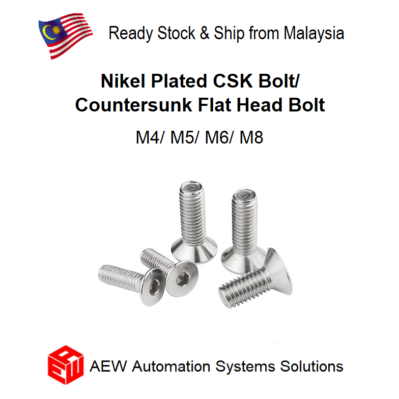 CSK/ Hex Countersunk Flat Head Bolt Nikel Plated M4/M5/M6/M8 | Shopee ...
