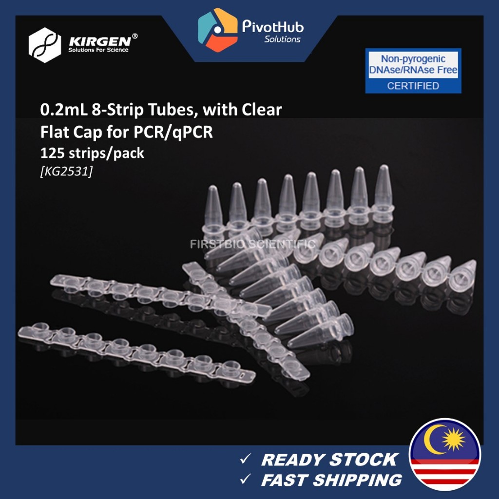 KIRGEN 0.2ml PCR qPCR 8-strip tubes with attached flat/dome caps, clear ...
