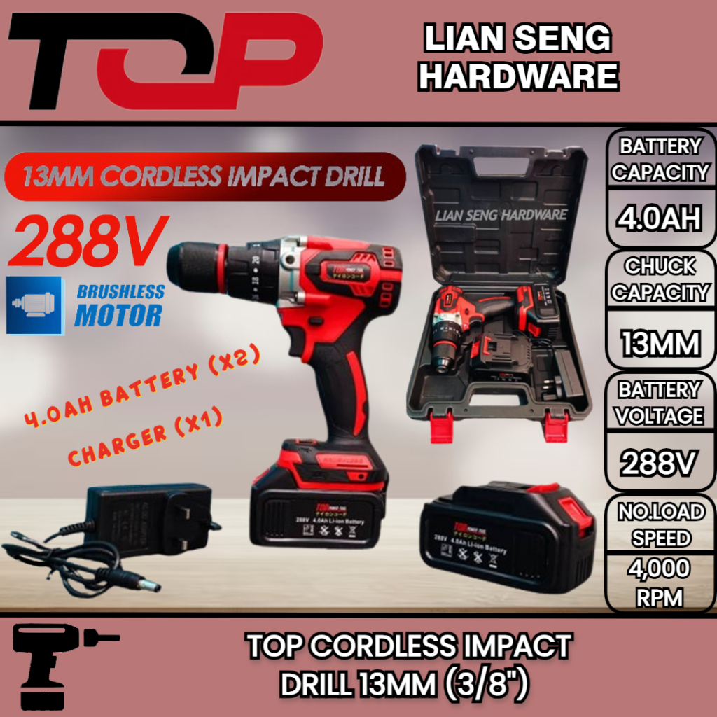 13MM (3/8'') TOP CORDLESS IMPACT DRILL 288V (2 BATT, 1 CHAR) | Shopee Malaysia