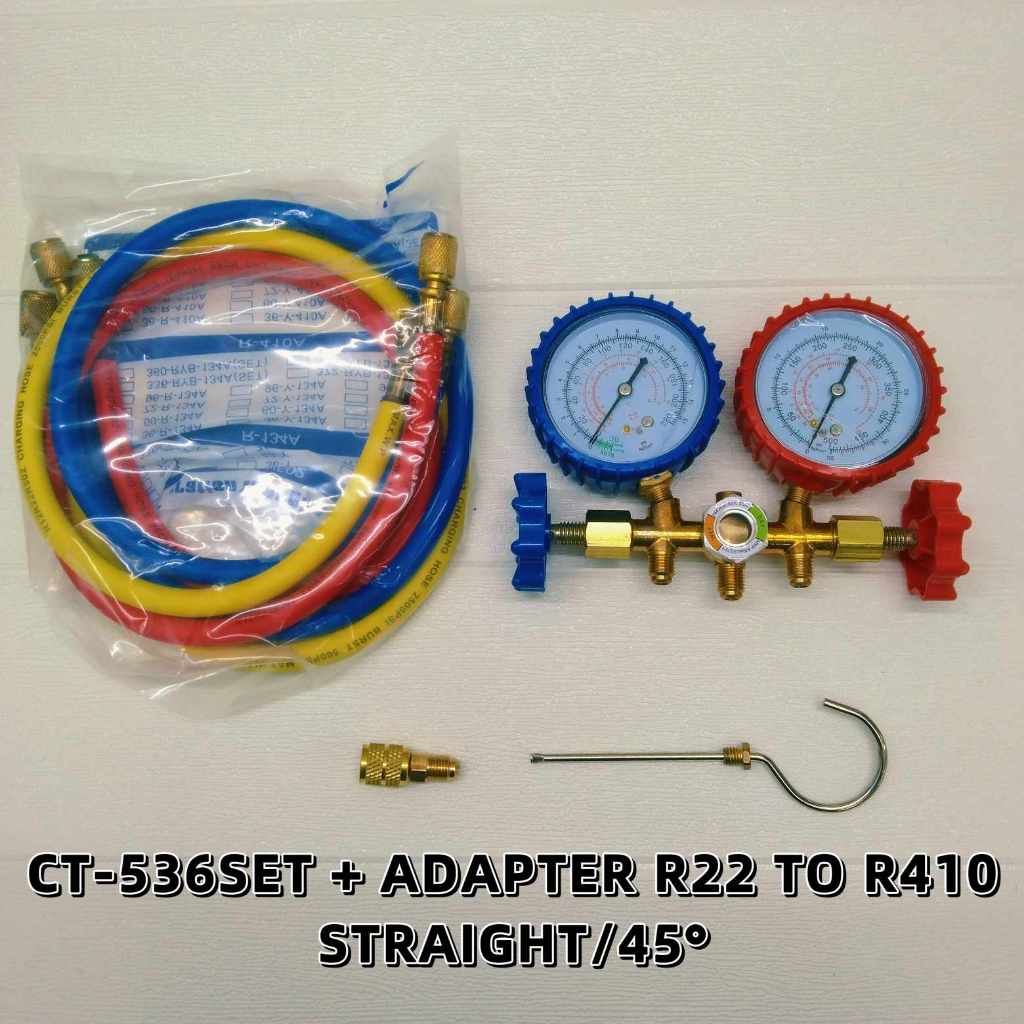 MANIFOLD GAUGE GAS METER CT-536G + R22 TO R410A ADAPTER Straight/45° CAR AIRCOND FRIDGE 3PCS ...