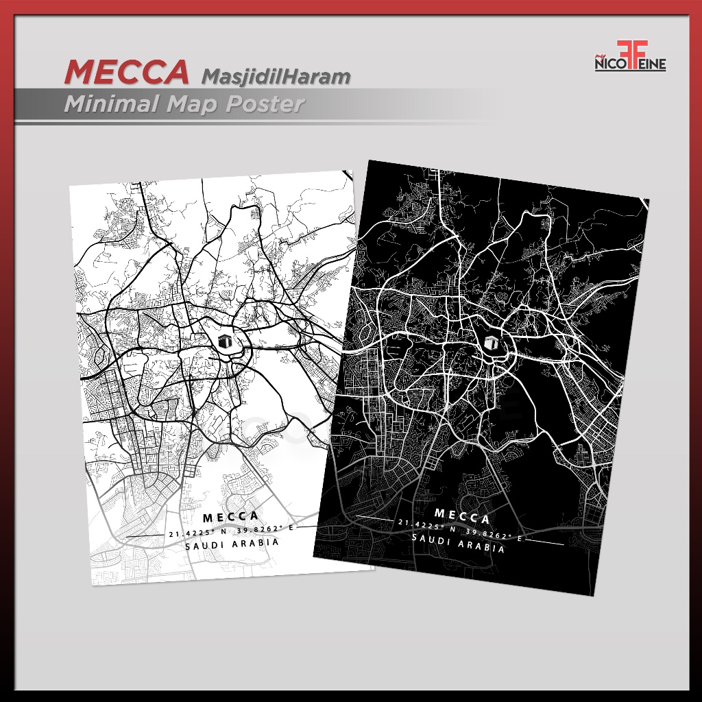 [Poster Only] Mekah Mecca Kaabah Saudi Arabia Minimal Map Masjidil ...