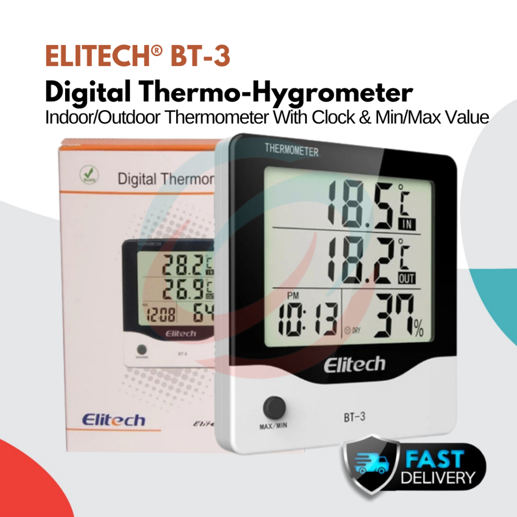 ELITECH BT-3 Thermohygrometer Indoor/Outdoor Digital LCD Thermometer Dual Temperature Humidity ...