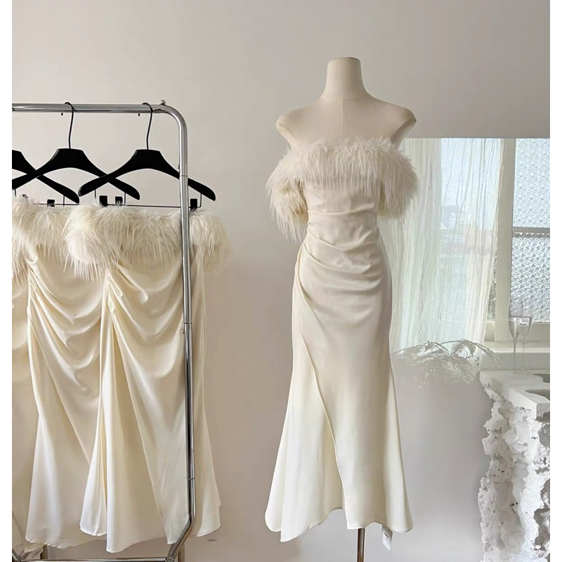 White Fluffy One Shoulder Gown Evening Dress for Dinner or Party ...