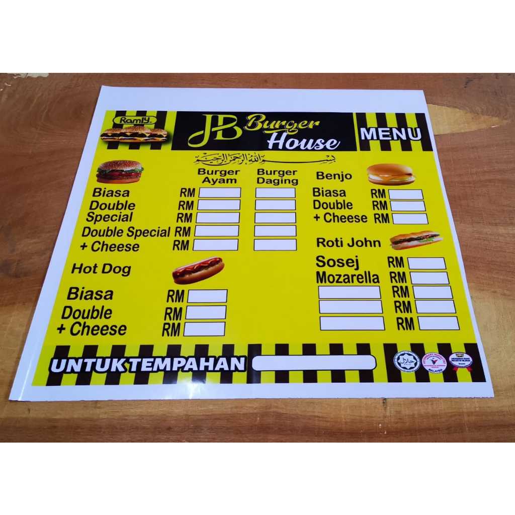 STIKER MENU BURGER YELLOW AND BLACK TILES RAMLY READY DESIGN | Shopee ...