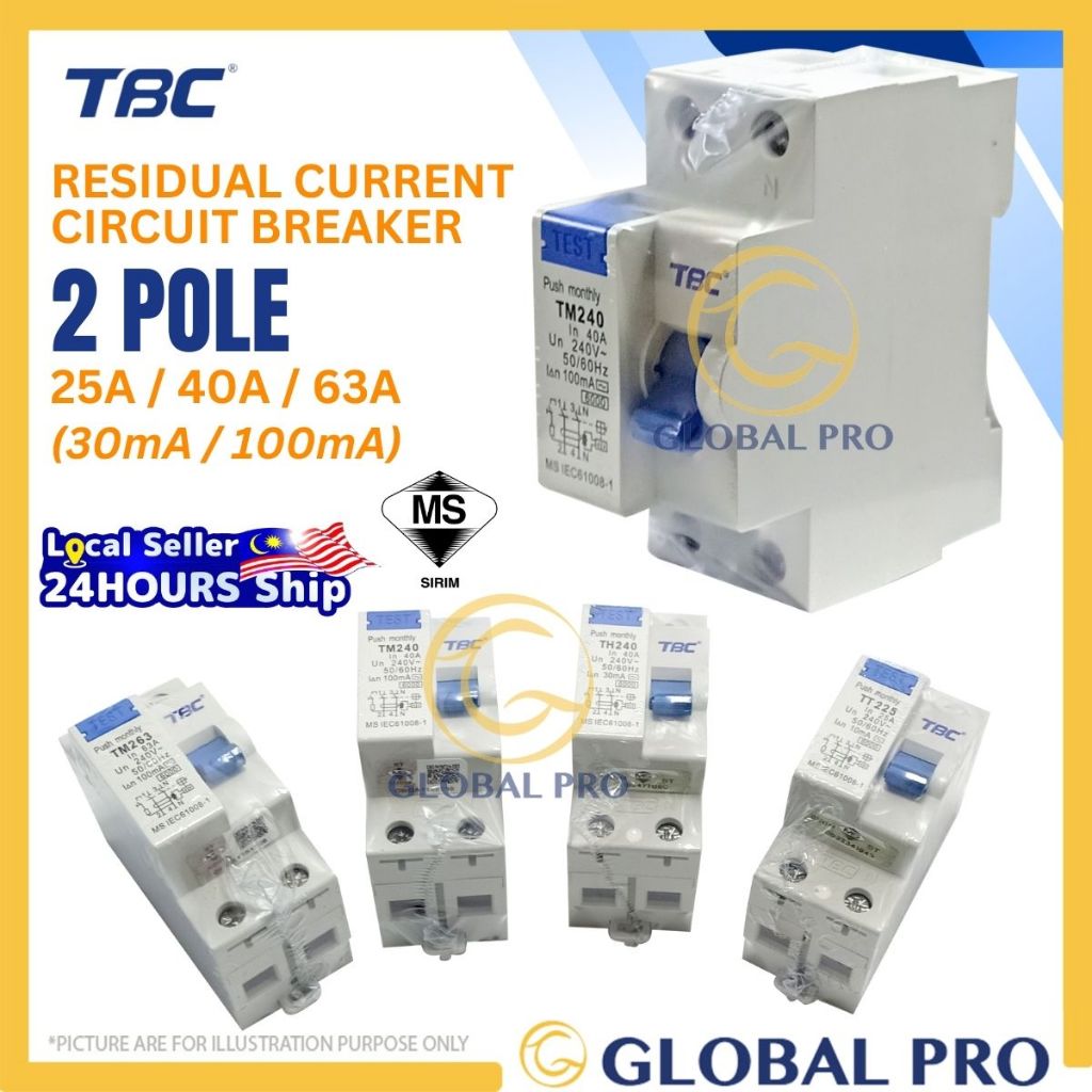 TBC 2 POLE 30mA / 100mA Residual Current Circuit Breaker ELCB 25A / 40A / 63A 2 Pole ELCB/RCCB ...