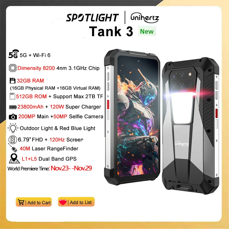 Unihertz Tank 3 8849 Rugged Smartphone 32GB 512GB 23800mAh 120W Charger Dimensity 8200 5G Cell ...