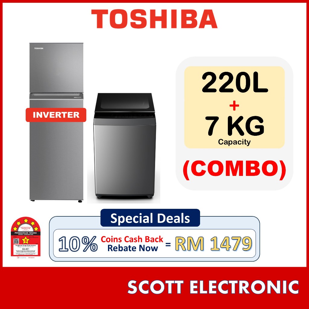 (COMBO) TOSHIBA 220L 2 Doors Refrigerator GR-RT230WE-PMY + TOSHIBA 7KG ...