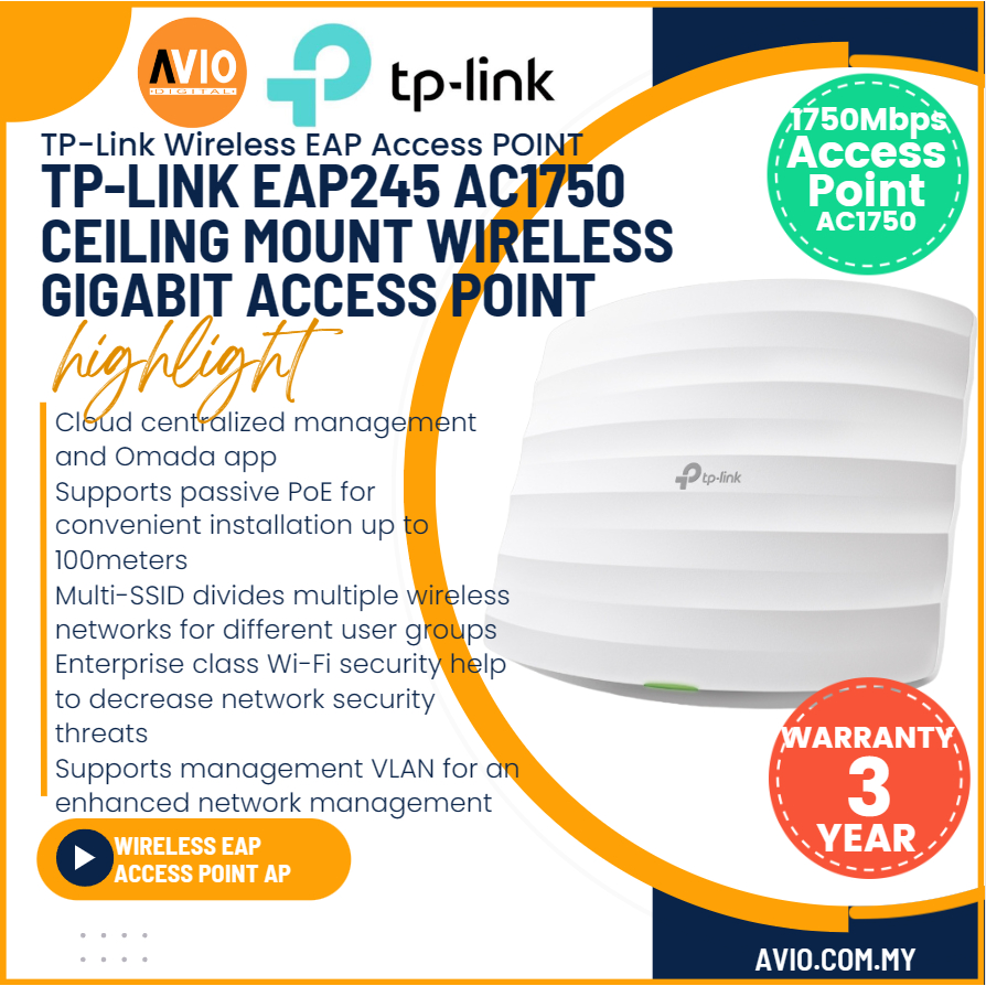 TP-LINK Tplink EAP245 AC1750 Ceiling Mount Dual Band 2.4GHz 5GHz Wifi ...