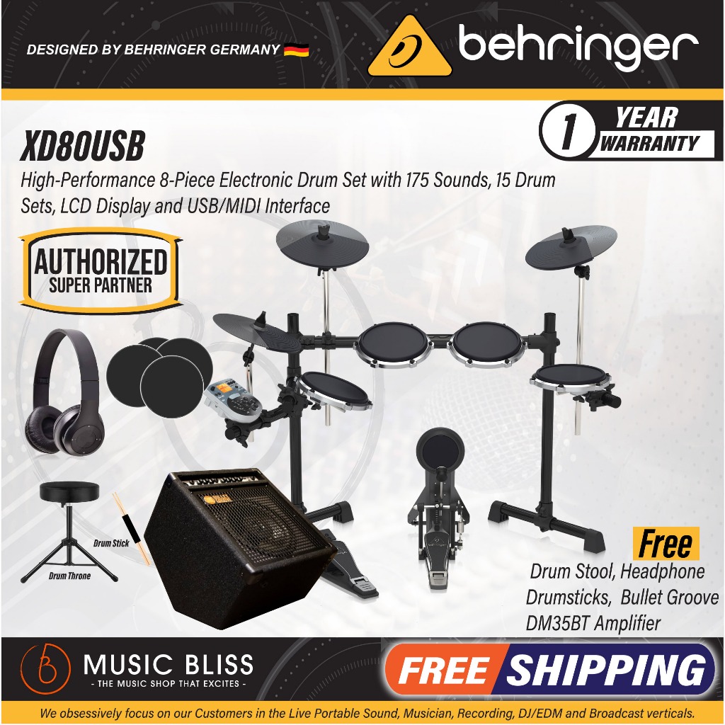 Behringer XD-80USB 5-piece Electronic Drum Set with Headphone, Drum ...