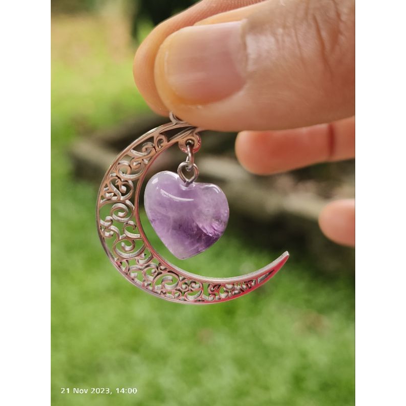NATURAL AMETHYST HEART SHAPED(STAINLESS STEEL CRESCENT SHAPED) | Shopee ...