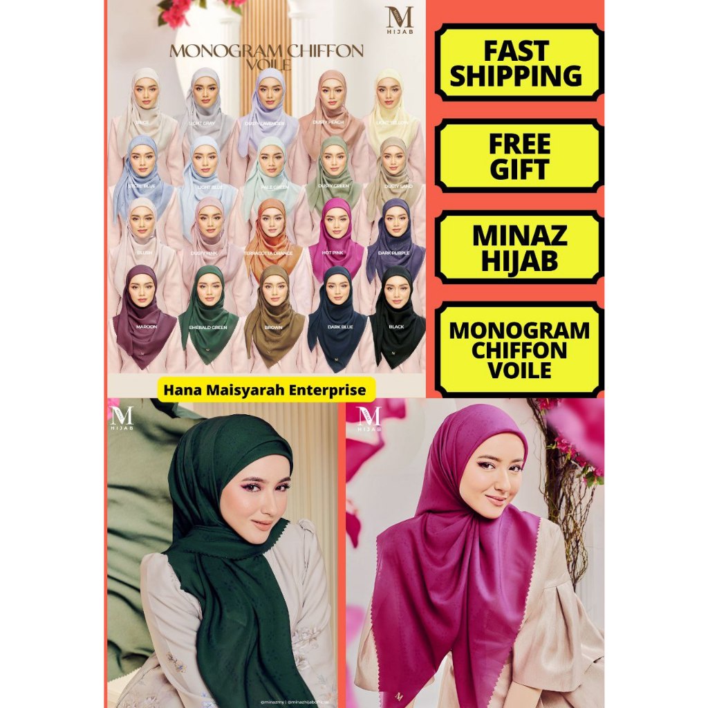 Minaz Hijab tudung bawal plain monogram chiffon voile bidang 45 senang ...