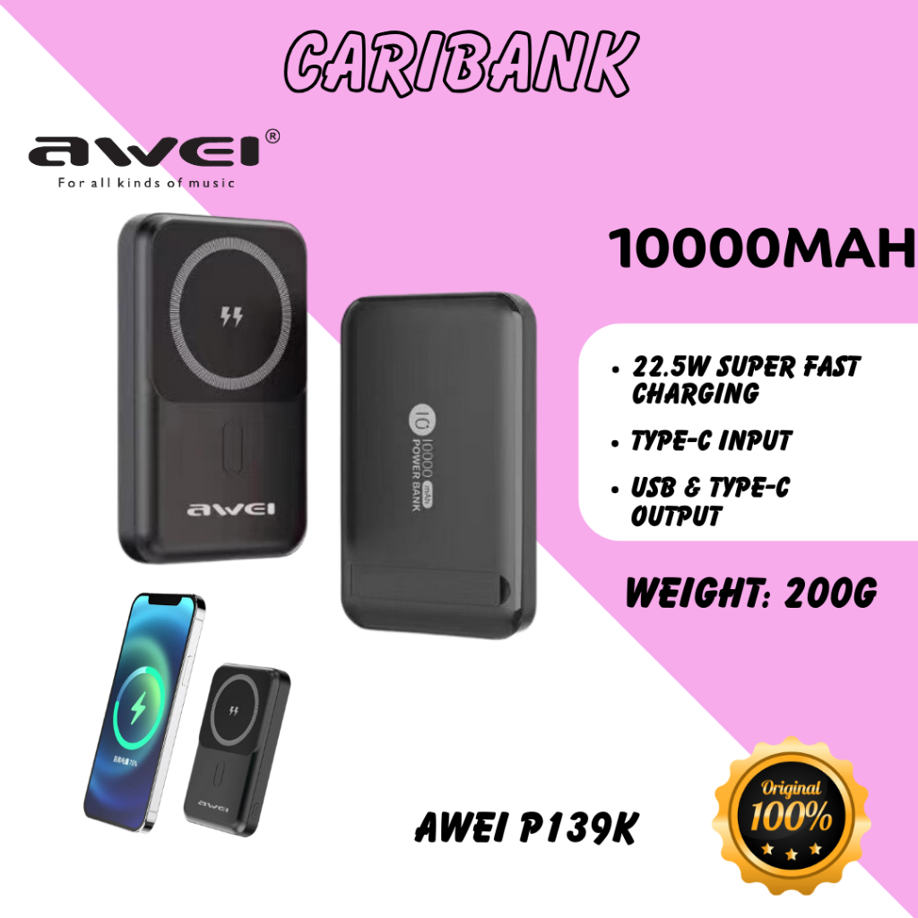 AWEI P139K MAGNETIC WIRELESS POWER BANK WITH STAND 10000MAH 22.5（MAX ...