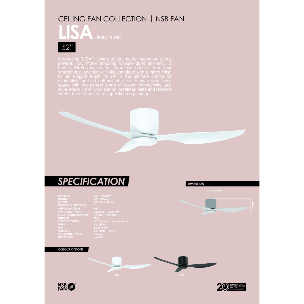 NSB Fan LISA 52 Inch DC Ceiling Fan Build In Wifi (Brand New) | Shopee ...
