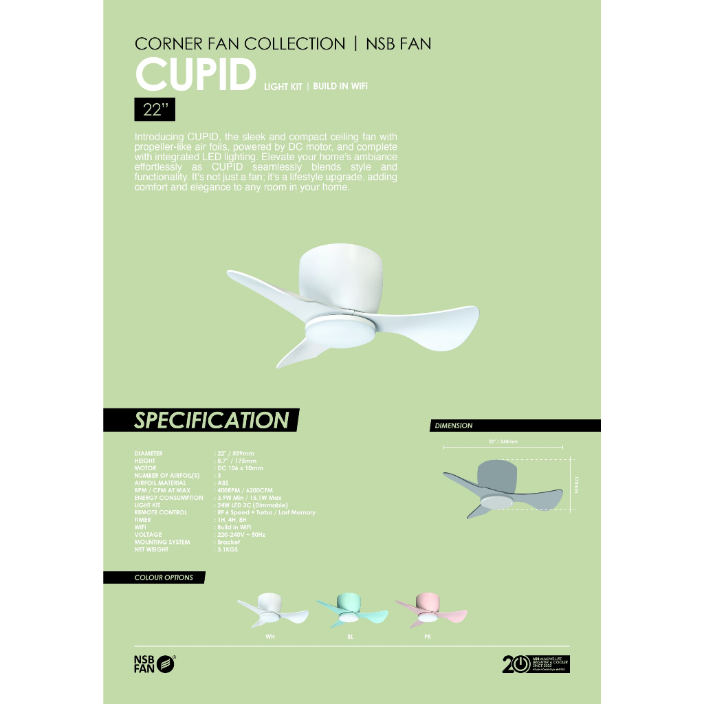 NSB Fan CUPID 22 Inch DC Ceiling Fan LED Build In Wifi (Brand New ...