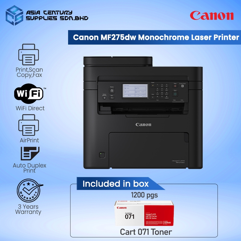 Canon LaserJet MF275dw Wireless Mono All In One Laser Printer ( Print , Scan , Copy , Fax ...