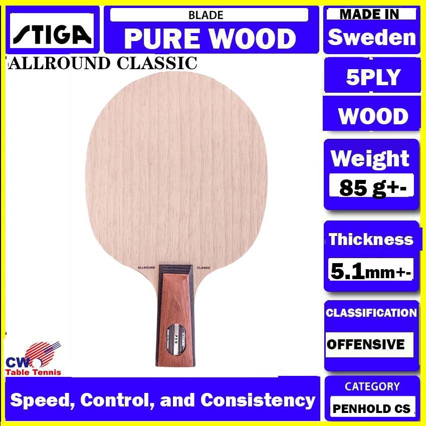 STIGA Allround Classic Wooden Blade -5Ply wood TableTennis Bat Ping Pong Kayu penhold cs short ...