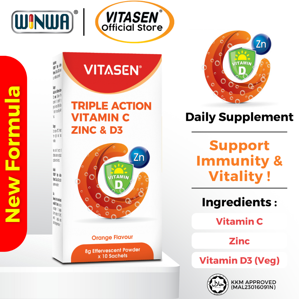 VITASEN Triple Action Vitamin C, Zinc & D3 (vege) Effervescent Sachet ...