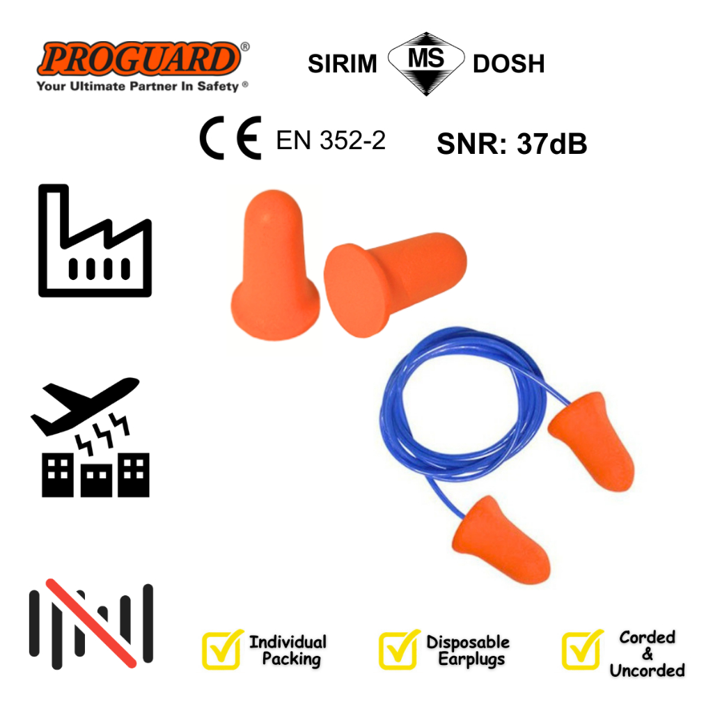 Proguard (5 Prs/Pack) SNR 37dB Disposable Corded Uncorded Soft PU Foam Earplug FEP-03 Hearing ...