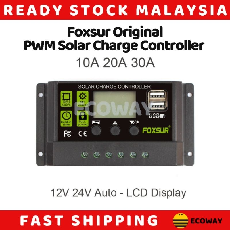 Foxsur Original 12v 24v PWM Solar Charge Controller Panel 10A 20A 30A Sealed Lead Acid Battery ...
