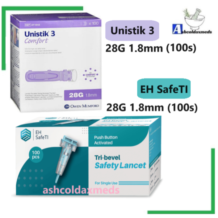 (MDA APPROVED) UNISTIK 3 COMFORT 28G 100S/ EH SAFETI TRI-BEVEL SAFETY LANCET 28G 100S T Pro Uno ...