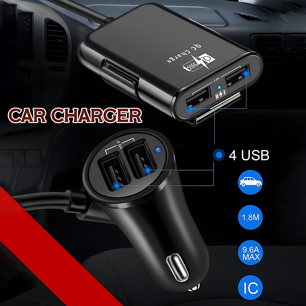 1.8m Car Charger Quick Charge 3.0 48W 4 USB Power Ports Extension Cord ...