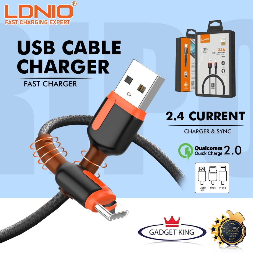 GADGETKING LDNIO LS531 1M / LS532 2M MicroUSB / IP / Type-C 2.4A Fast ...