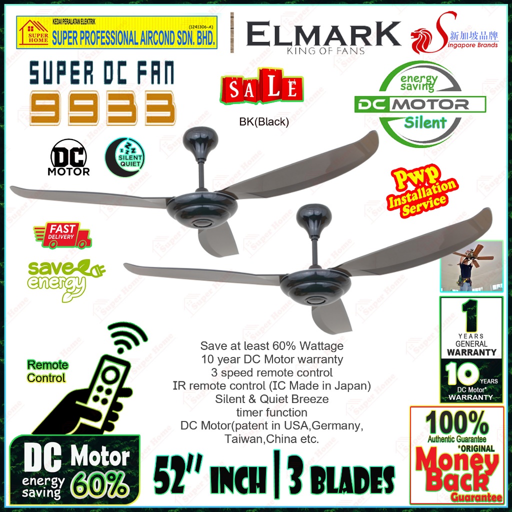 Elmark Ceiling Fan 9933 BK Super DC Fan 52 inch DC Motor Ceiling Fan ...