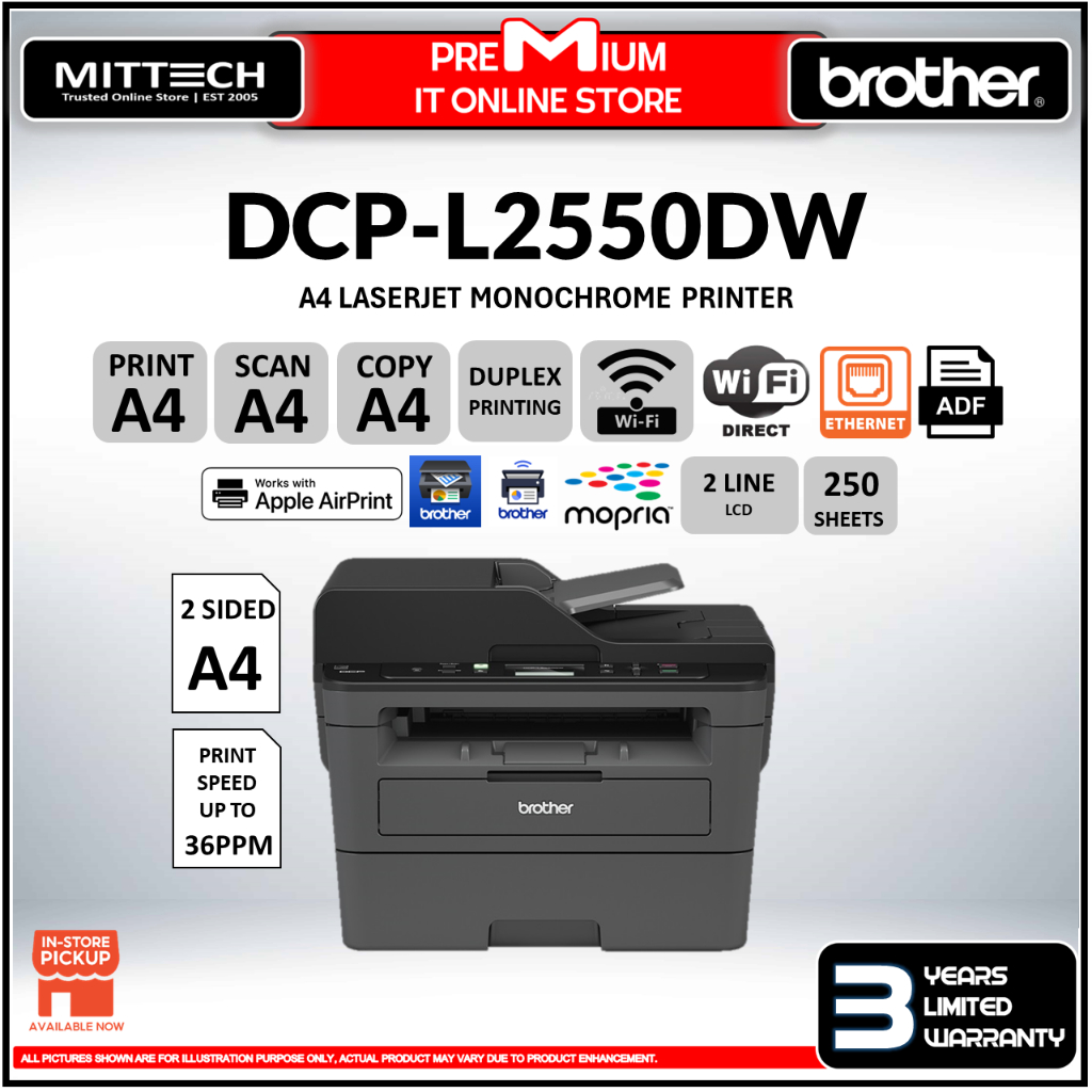 Brother Monochrome Laserjet Printer A4 3in1 Wireless DCP-L2640DW | ADF ...