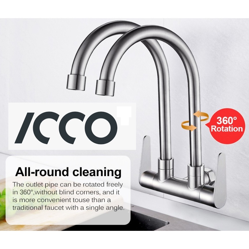 ICCO Kitchen Sink Faucet Wall Bathroom Stainless Steel SUS 304 Dish ...