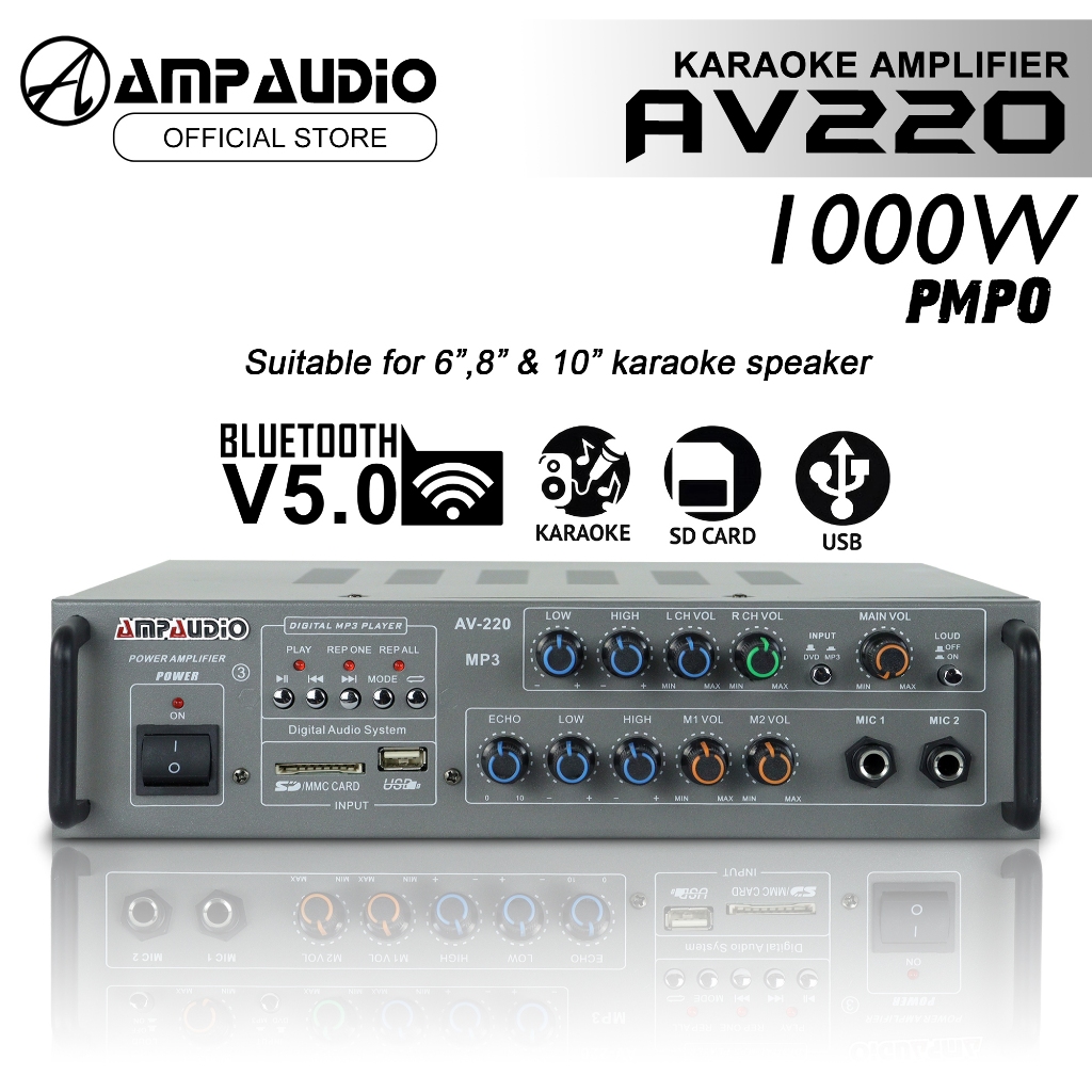 AmpAudio AV220 Karaoke Amplifier Bluetooth Stereo Amplifier Wireless Audio Home Karaoke Power ...