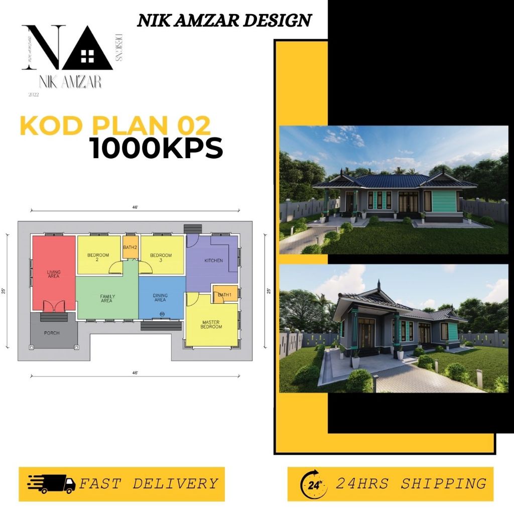 PELAN RUMAH KOD 02 (1000KPS)(3 BILIK TIDUR 2 BILIK AIR) | Shopee Malaysia