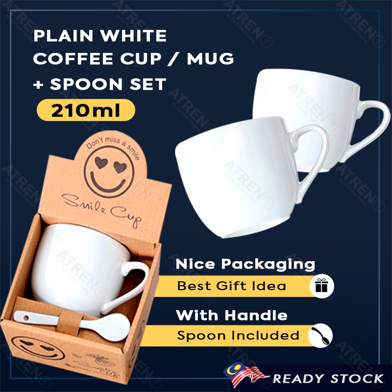 Plain White Ceramic Mug with Spoon Cup 210ml Coffee Tea Cup Cawan Putih ...