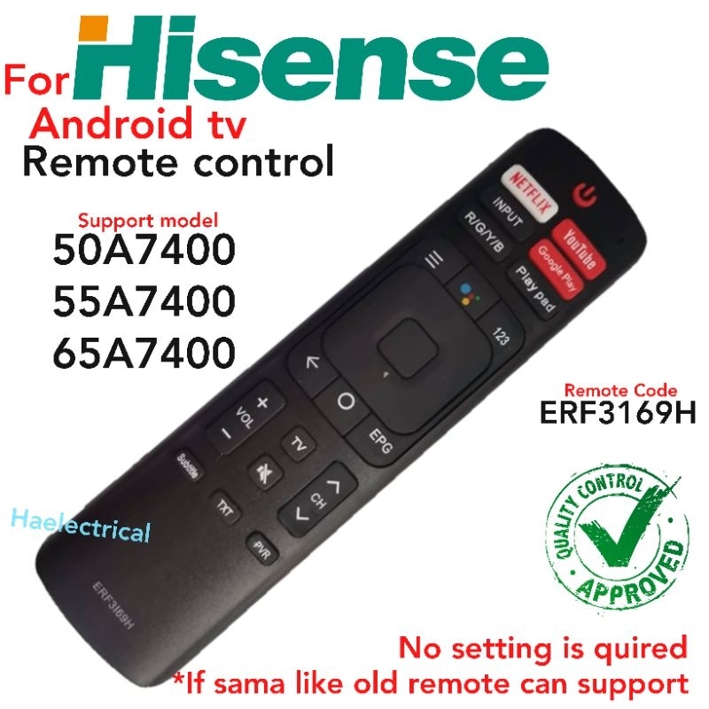 HISENSE ANDROID TV REMOTE CONTROL (ERF3169H) 50A7400 55A7400 65A7400 ...