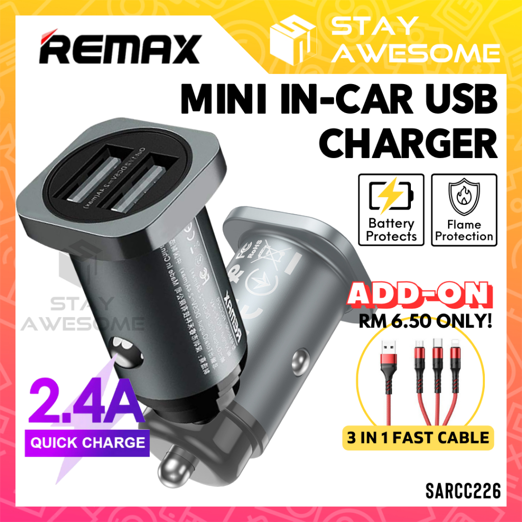 REMAX In Car Charger Adapter Fast Charge 2.4A PD Dual USB Port Socket ...
