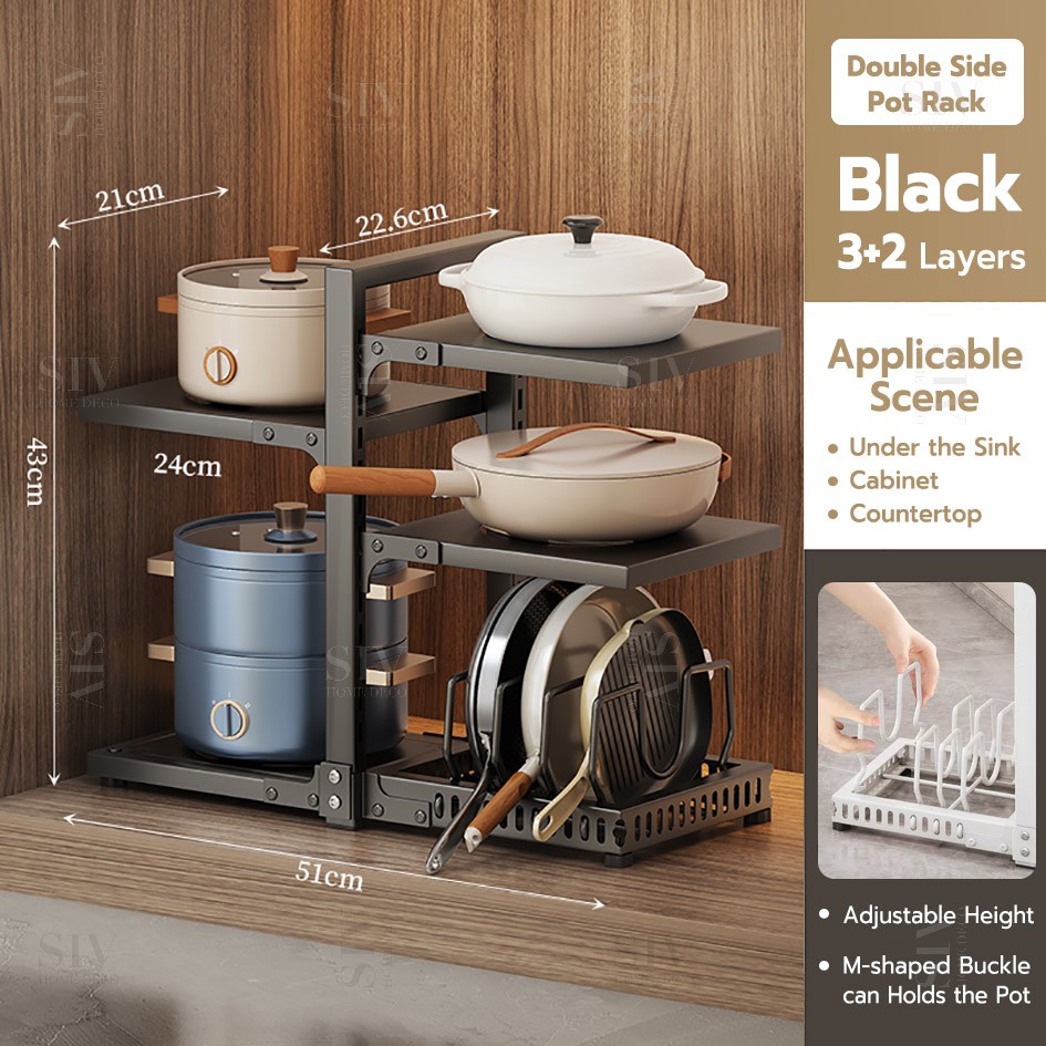 SIV 2-5 Tiers Adjustable Pot and Pan Rack Organizer Rak Bawah Sinki ...